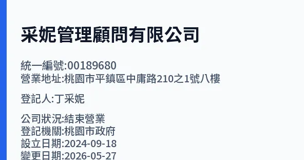 采妮管理顧問有限公司的照片-統編 00189680(桃園市) 公司登記資料與營業項目詳細圖表