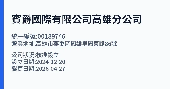 賓爵國際有限公司高雄分公司的照片-統編 00189746(高雄市) 公司登記資料與營業項目詳細圖表