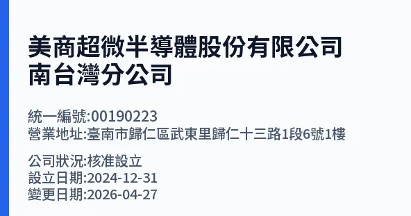 美商超微半導體股份有限公司南台灣分公司的照片-統編 00190223(臺南市) 公司登記資料與營業項目詳細圖表