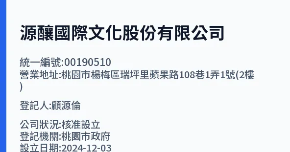 源釀國際文化股份有限公司的照片-統編 00190510(桃園市) 公司登記資料與營業項目詳細圖表