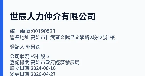 世辰人力仲介有限公司的照片-統編 00190531(高雄市) 公司登記資料與營業項目詳細圖表