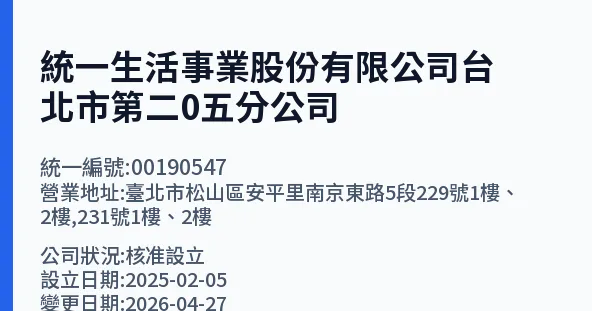 統一生活事業股份有限公司台北市第二0五分公司的照片-統編 00190547(臺北市) 公司登記資料與營業項目詳細圖表