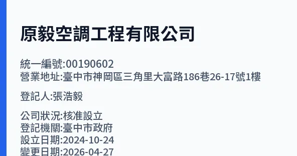 原毅空調工程有限公司的照片-統編 00190602(臺中市) 公司登記資料與營業項目詳細圖表