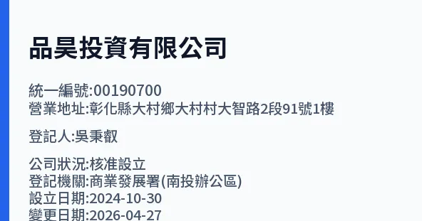 品昊投資有限公司的照片-統編 00190700(彰化縣) 公司登記資料與營業項目詳細圖表