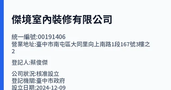 傑境室內裝修有限公司的照片-統編 00191406(臺中市) 公司登記資料與營業項目詳細圖表
