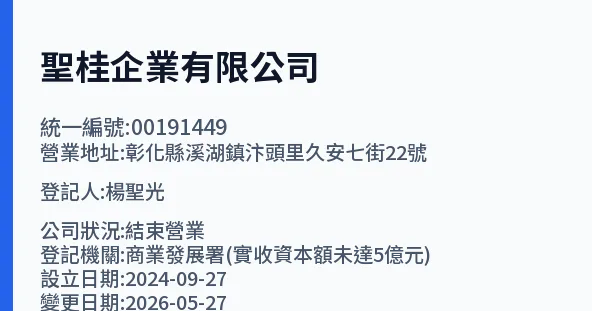 聖桂企業有限公司的照片-統編 00191449(彰化縣) 公司登記資料與營業項目詳細圖表