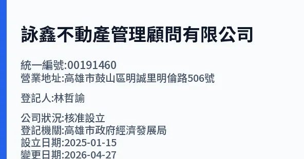 詠鑫不動產管理顧問有限公司的照片-統編 00191460(高雄市) 公司登記資料與營業項目詳細圖表