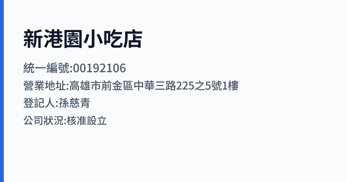 新港園小吃店 - 統編 00192106(高雄市) 公司登記資料與營業項目詳細圖表