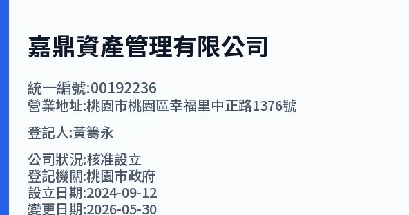 嘉鼎資產管理有限公司的照片-統編 00192236(桃園市) 公司登記資料與營業項目詳細圖表
