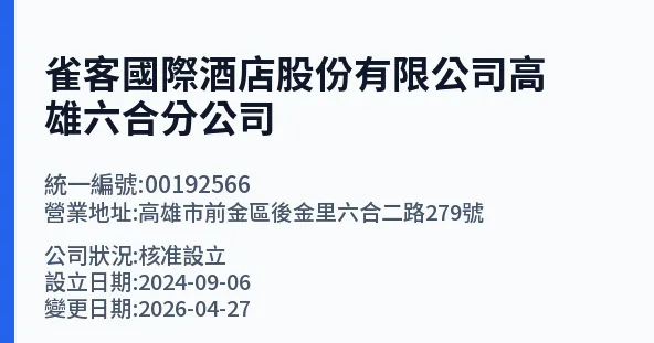 雀客國際酒店股份有限公司高雄六合分公司的照片-統編 00192566(高雄市) 公司登記資料與營業項目詳細圖表