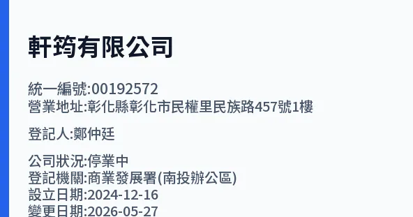 軒筠有限公司的照片-統編 00192572(彰化縣) 公司登記資料與營業項目詳細圖表