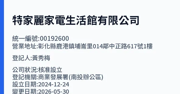 特家麗家電生活館有限公司的照片-統編 00192600(彰化縣) 公司登記資料與營業項目詳細圖表