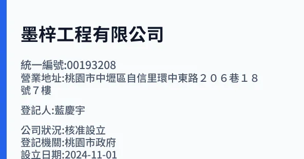墨梓工程有限公司的照片-統編 00193208(桃園市) 公司登記資料與營業項目詳細圖表