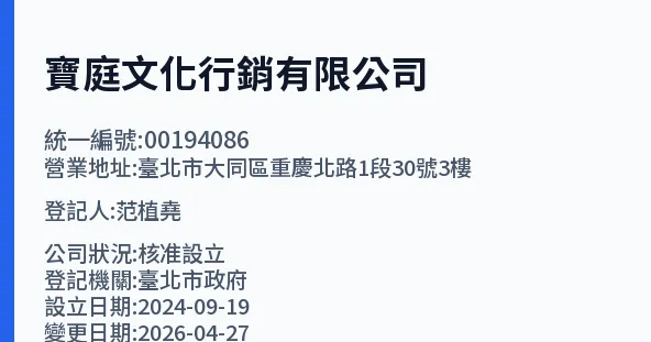 寶庭文化行銷有限公司的照片-統編 00194086(臺北市) 公司登記資料與營業項目詳細圖表