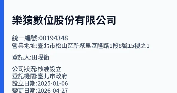 樂猿數位股份有限公司的照片-統編 00194348(臺北市) 公司登記資料與營業項目詳細圖表
