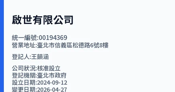 啟世有限公司的照片-統編 00194369(臺北市) 公司登記資料與營業項目詳細圖表