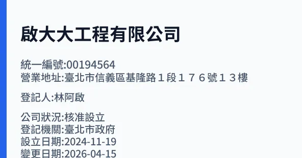 啟大大工程有限公司的照片-統編 00194564(臺北市) 公司登記資料與營業項目詳細圖表