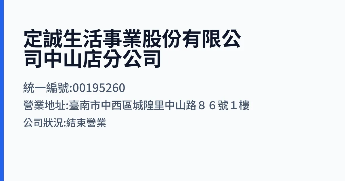定誠生活事業股份有限公司中山店分公司 - 統編 00195260(臺南市) 公司登記資料與營業項目詳細圖表