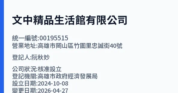 文中精品生活館有限公司的照片-統編 00195515(高雄市) 公司登記資料與營業項目詳細圖表