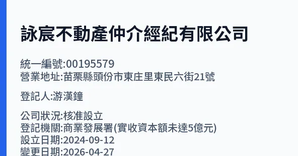 詠宸不動產仲介經紀有限公司的照片-統編 00195579(苗栗縣) 公司登記資料與營業項目詳細圖表