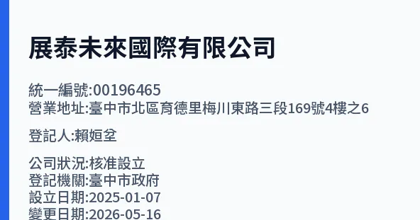 展泰未來國際有限公司的照片-統編 00196465(臺中市) 公司登記資料與營業項目詳細圖表