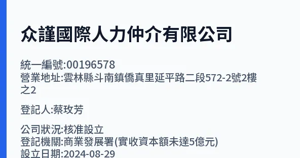 众謹國際人力仲介有限公司的照片-統編 00196578(雲林縣) 公司登記資料與營業項目詳細圖表