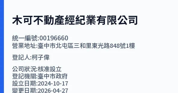 木可不動產經紀業有限公司的照片-統編 00196660(臺中市) 公司登記資料與營業項目詳細圖表
