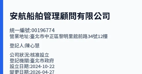 安航船舶管理顧問有限公司的照片-統編 00196774(臺北市) 公司登記資料與營業項目詳細圖表