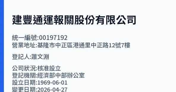 建豐通運報關股份有限公司的照片-統編 00197192(基隆市) 公司登記資料與營業項目詳細圖表