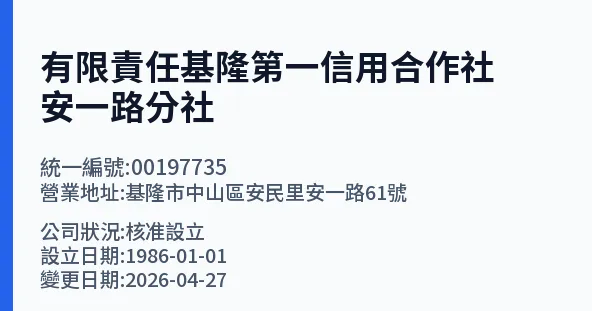 有限責任基隆第一信用合作社安一路分社的照片-統編 00197735(基隆市) 公司登記資料與營業項目詳細圖表