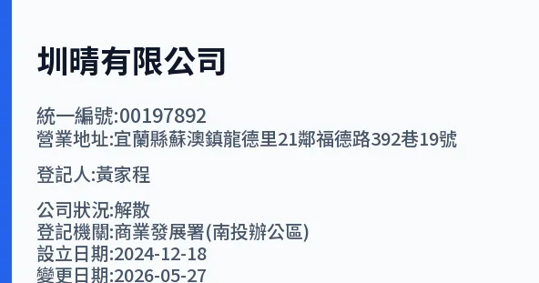 圳晴有限公司的照片-統編 00197892(宜蘭縣) 公司登記資料與營業項目詳細圖表