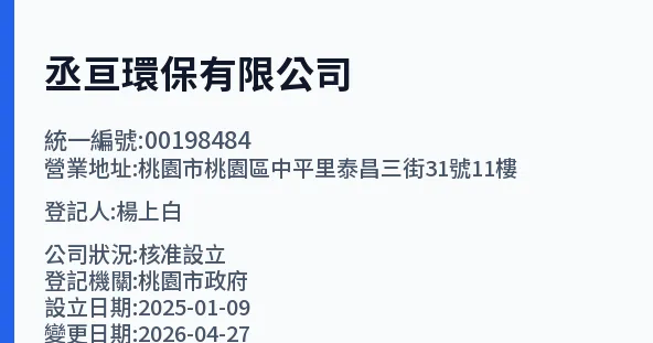 丞亘環保有限公司的照片-統編 00198484(桃園市) 公司登記資料與營業項目詳細圖表