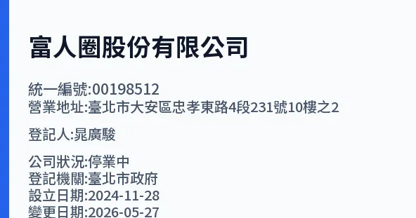 富人圈股份有限公司的照片-統編 00198512(臺北市) 公司登記資料與營業項目詳細圖表