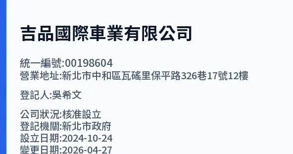 吉品國際車業有限公司的照片-統編 00198604(新北市) 公司登記資料與營業項目詳細圖表