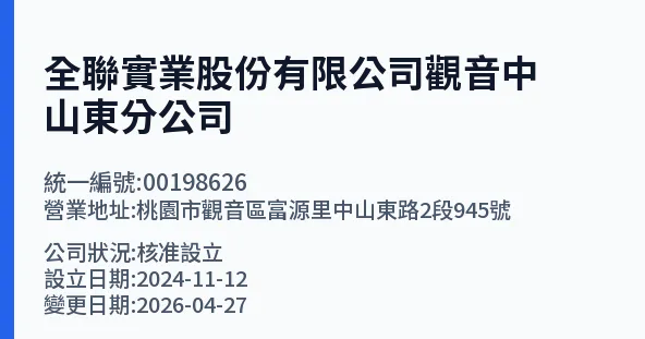 全聯實業股份有限公司觀音中山東分公司的照片-統編 00198626(桃園市) 公司登記資料與營業項目詳細圖表