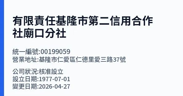 有限責任基隆市第二信用合作社廟口分社的照片-統編 00199059(基隆市) 公司登記資料與營業項目詳細圖表