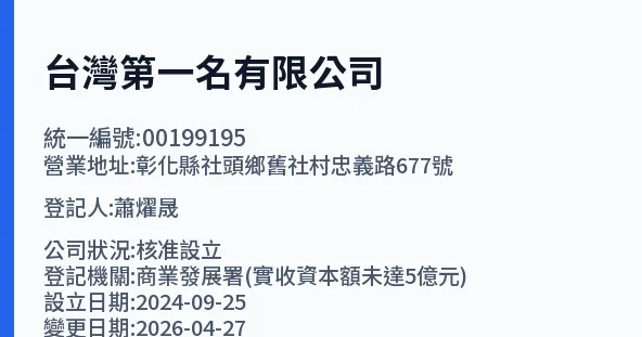 台灣第一名有限公司的照片-統編 00199195(彰化縣) 公司登記資料與營業項目詳細圖表