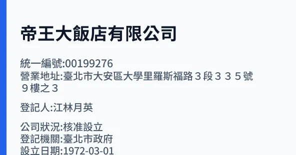 帝王大飯店有限公司的照片-統編 00199276(臺北市) 公司登記資料與營業項目詳細圖表