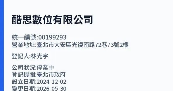 酷思數位有限公司的照片-統編 00199293(臺北市) 公司登記資料與營業項目詳細圖表