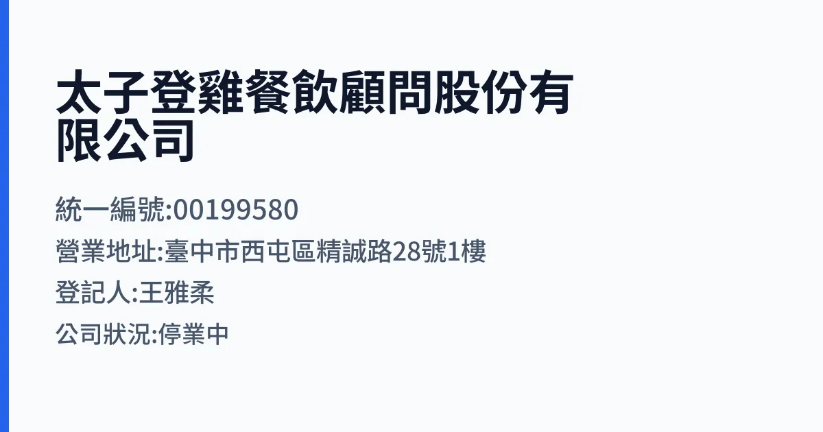 太子登雞餐飲顧問股份有限公司 - 統編 00199580(臺中市) 公司登記資料與營業項目詳細圖表