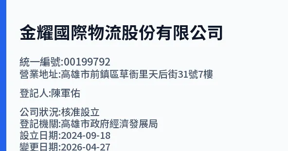 金耀國際物流股份有限公司的照片-統編 00199792(高雄市) 公司登記資料與營業項目詳細圖表