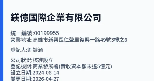 鎂億國際企業有限公司的照片-統編 00199955(高雄市) 公司登記資料與營業項目詳細圖表