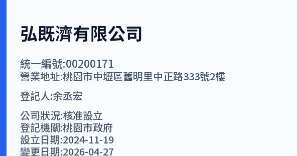 弘既濟有限公司的照片-統編 00200171(桃園市) 公司登記資料與營業項目詳細圖表