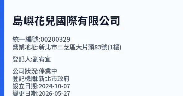 島嶼花兒國際有限公司的照片-統編 00200329(新北市) 公司登記資料與營業項目詳細圖表