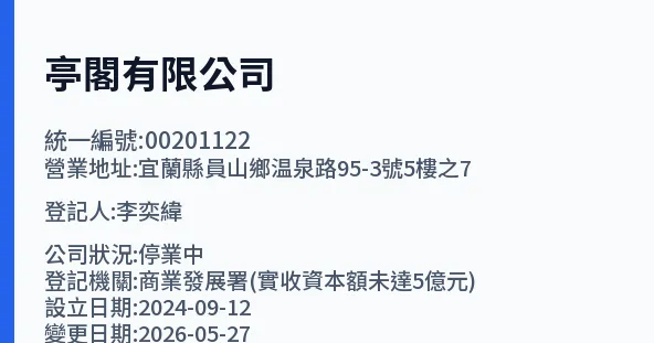 亭閣有限公司的照片-統編 00201122(宜蘭縣) 公司登記資料與營業項目詳細圖表