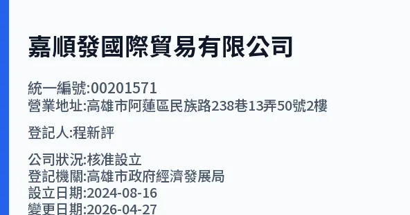 嘉順發國際貿易有限公司的照片-統編 00201571(高雄市) 公司登記資料與營業項目詳細圖表