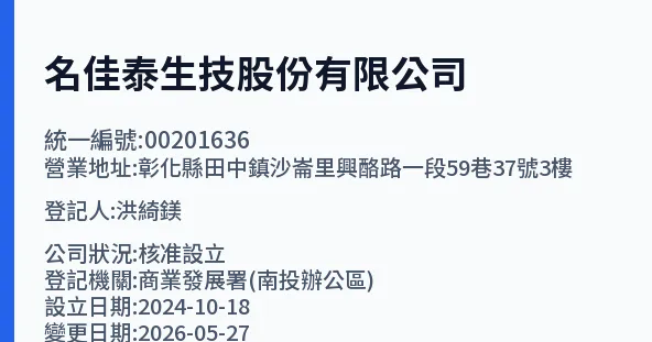 名佳泰生技股份有限公司的照片-統編 00201636(彰化縣) 公司登記資料與營業項目詳細圖表