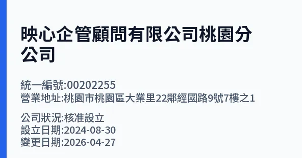 映心企管顧問有限公司桃園分公司的照片-統編 00202255(桃園市) 公司登記資料與營業項目詳細圖表