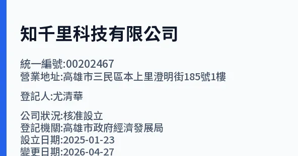 知千里科技有限公司的照片-統編 00202467(高雄市) 公司登記資料與營業項目詳細圖表
