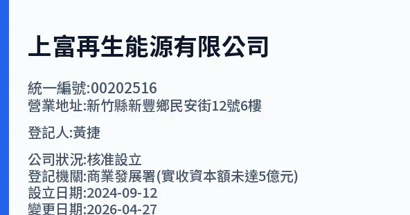 上富再生能源有限公司的照片-統編 00202516(新竹縣) 公司登記資料與營業項目詳細圖表